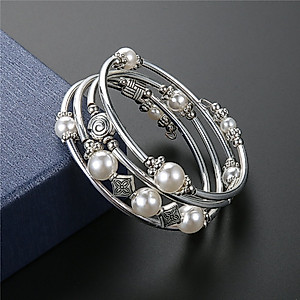 Beaded Pearl Bangle Wrap Bracelet - Fashion Bohemian Jewelry Multilayer Charm Bracelet with Thick Silver Metal Beads, Gift For Women (White)