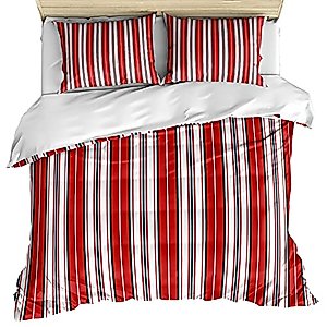 Lsrtoss Red Striped Twin Duvet Cover Set for All Season, Farmhouse Red Blue Stripes Microfiber 3 Piece Bedding Set with 2 Pillowcases & 1 Quilt Cover, 68" W x 86" L, Twin Size