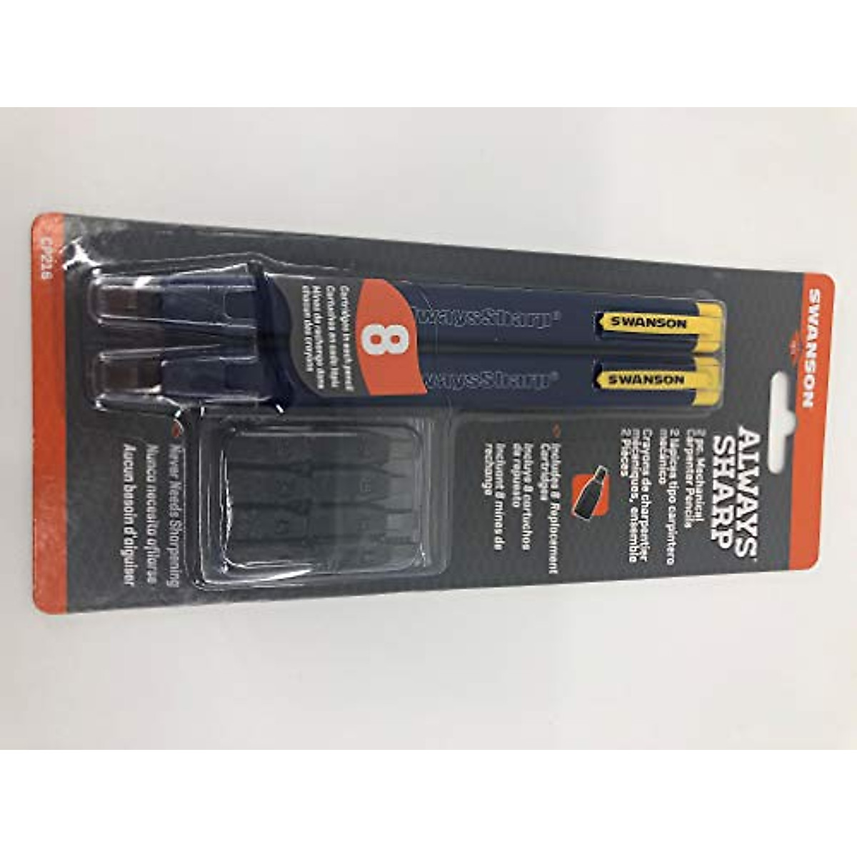 Swanson Tool Co CP216 AlwaysSharp Refillable Mechanical Carpenter Pencil, Two Pack, with 8 More Replacement Black Graphite Tips