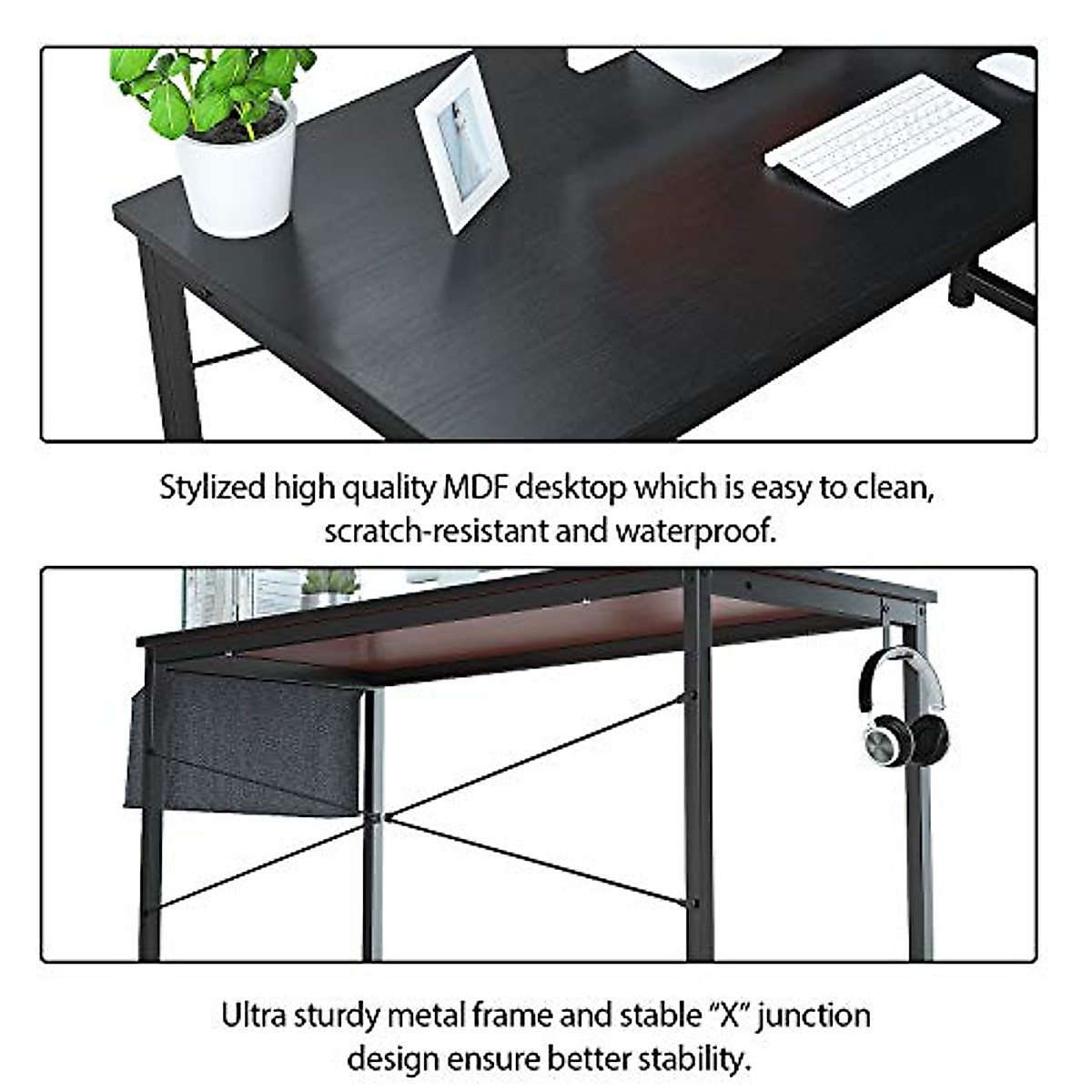 Foxemart Computer Desk 47" Office Desks Writing Study Desk Modern Simple PC Laptop Notebook Table with Storage Bag and Iron Hook for Home Office Workstation, Black