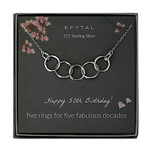 EFYTAL 50th Birthday Gifts for Women, 925 Sterling Silver Five Circle Necklace For Her, Thick Ring 5 Decade Jewelry 50 Years Old