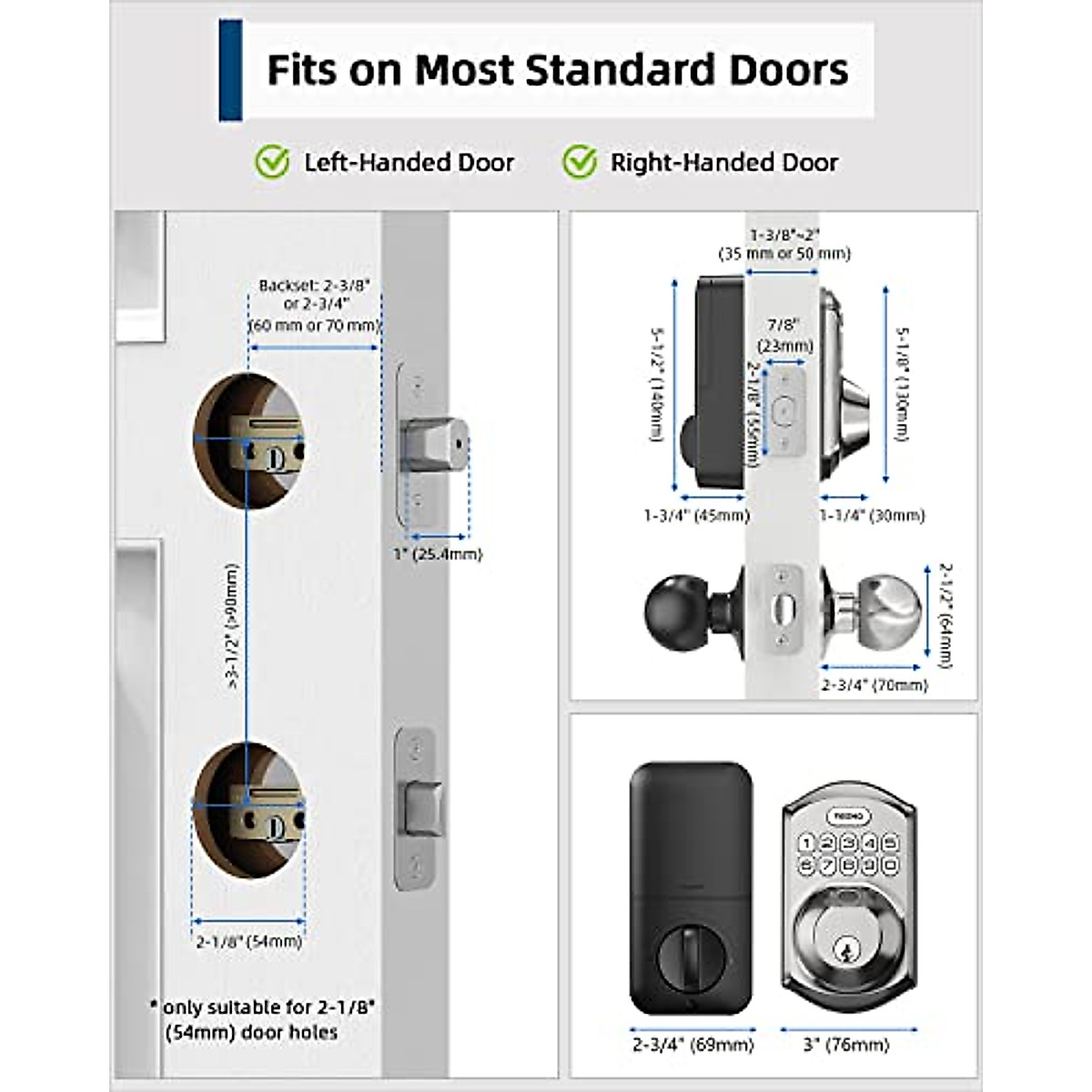 TEEHO TE002K Fingerprint Door Lock Set - Keyless Entry Door Lock with Handle - Door Knob with Keypad Deadbolt - Smart Locks for Front Door - Auto Lock - No Need App - Easy Installation - Satin Nickel