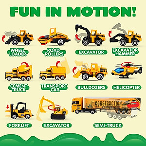 JOYIN 19 in 1 Die-cast Construction Toy Truck with Little Figures, Mini Construction Vehicles in Big Carrier Truck, Patrol Rescue Helicopter for Boys 3-9 Years Old, Kids Value Birthday Easter Gifts