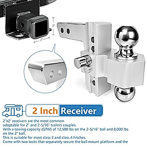 Adjustable Trailer Hitch - Tlvuvmo 6 Inch Drop Hitch for 2 Inch Receiver, Ball Mount Hitch 12,500 LBS, 2" and 2-5/16" Stainless Steel Dual Balls, Aluminum Tow Hitch with Double Anti-Theft Pins Locks