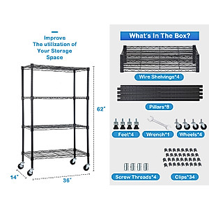 4-Tier Kitchen Storage Shelves Wire Shelving, Adjustable Storage Shelf Metal Storage Rack on Wheels, Shelf Unit Organizer for Kitchen Bread Microwave Oven Stand, 35.6"L x 14"W x 61.8"H, Black