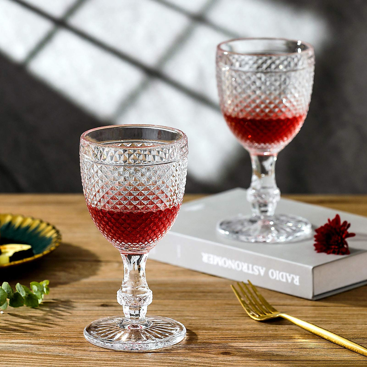 Chroma Beverage Goblet Glasses 10.6 oz. set of 6 Clear Vintage Embossed Glassware for Refreshments Iced-tea Soda Juice Water Perfect for Dinner Parties Bars Restaurants