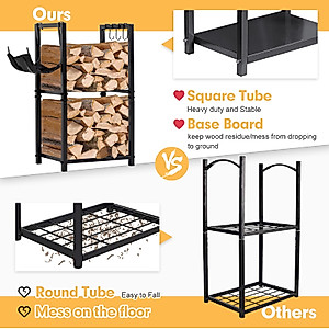 NALONE Firewood Rack Indoor, Small Outdoor Firewood Log Storage Rack, 2-Tier Wood Holder with 6 Hooks, Firewood Stand for Indoor Fireplace, Outdoor Patio, Fire Pit, Stove