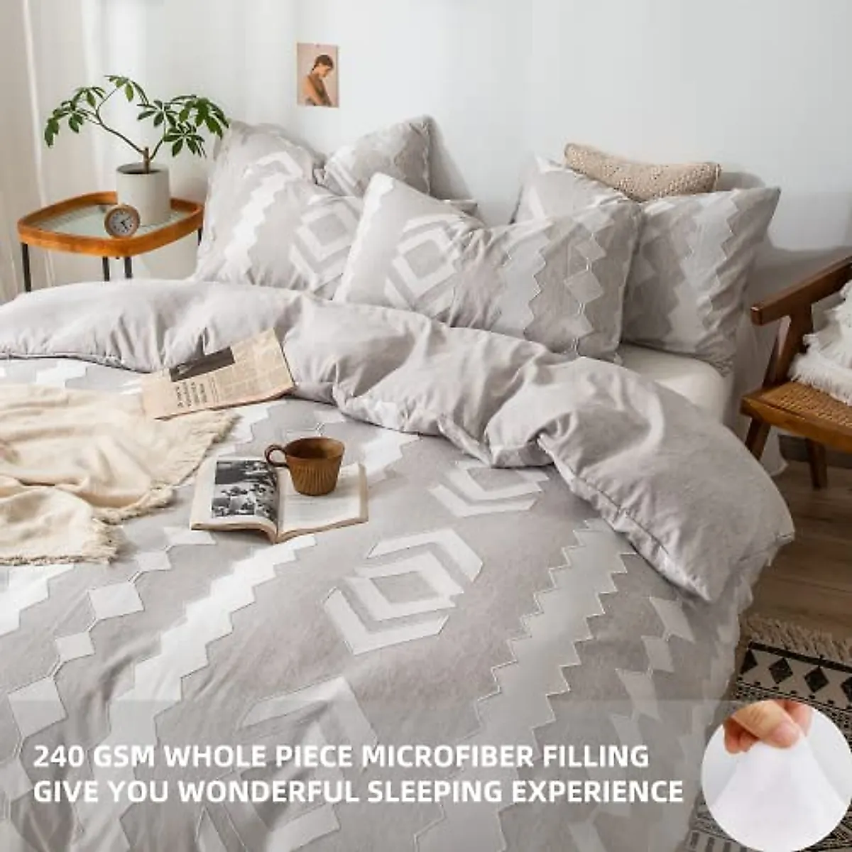 PERFEMET 3-Pieces Boho Tufted Shabby Comforter Set King Size Farmhouse Country Style Geometric Bedding Set for Girls Adult Embroidery Jacquard Ultra Soft Neutral Quilt/Bedspread Set (Light-Gray,King)