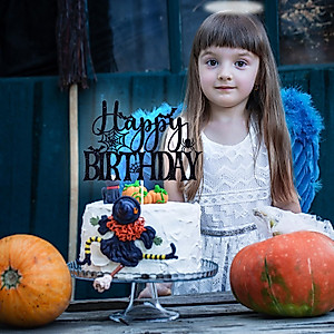 Black Glitter Happy Birthday Cake Topper, Happy Booday/Happy Halloween Birthday, Funny Ghoust Scary Halloween Themed Birthday Party Decorations for Kids