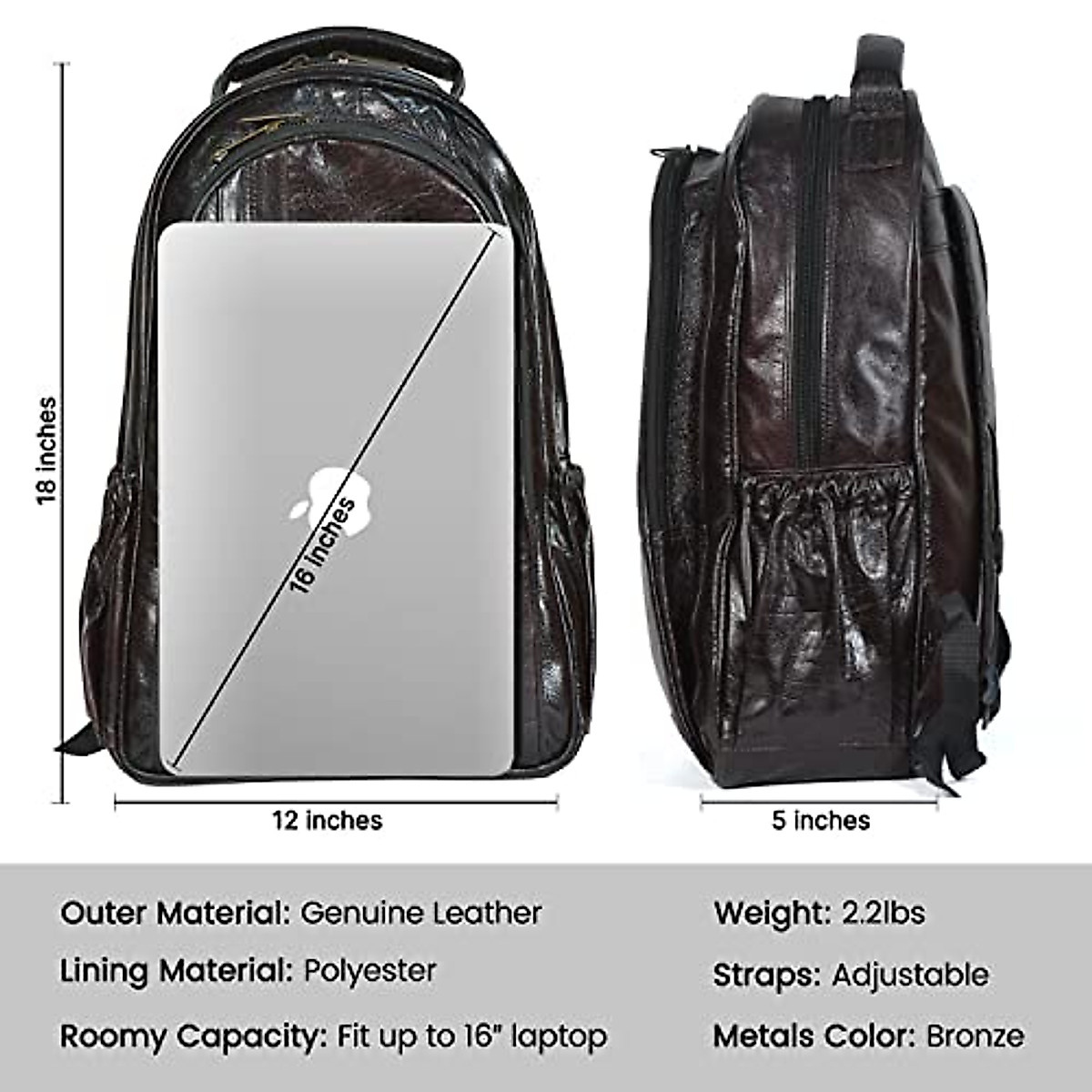 Leather Backpack for Men Women Large Capacity - Genuine Brown Travel 15.6 inch Leather Laptop Bag, Rucksack for Business, College, Casual Daypack