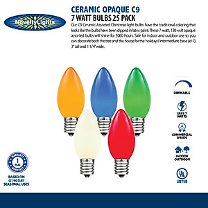 Novelty Lights 25 Pack C9 Ceramic Outdoor Christmas Replacement Bulbs, Multi, E17/C9 Intermediate Base, 7 Watt
