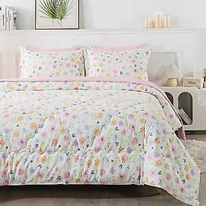 Wajade Floral Comforter Set Bed in A Bag Full Size 7 Piece Botanical Flower Green Leaves Rabbits Bedding Set for Girls (1 Comforter, 1 Flat Sheet, 1 Fitted Sheet, 2 Pillowcase and 2 Pillow Sham)