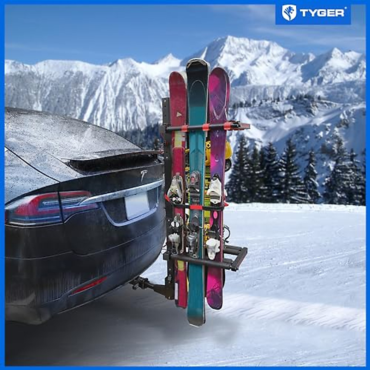 Tyger Auto TG-RK1B707B Folding Hitch-Mounted Ski/Snowboard Rack Fits 2" or 1.25" Receiver Carries 6 Pair Skis or 4 Snowboards | Key Lock | Security Strap | Vertical Adjustable | Tilt Access