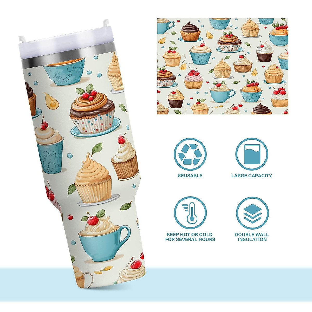 ARGTILDN 40 oz Tumbler Cupcakes Cherry Leaves Insulated Travel Mug with Handle and Straw Lid Stainless Steel Vacuum Coffee Cup Tea Beverage Container Water Bottles for Car Sports office