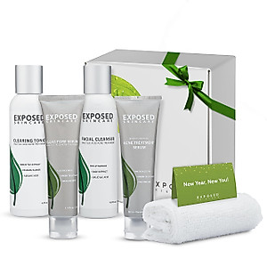 Exposed Skin Care Basic Acne Treatment Kit - Includes Salicylic Acid Face Wash, Clearing Tonic, Acne Treatment Serum with Benzoyl Peroxide, Clear Pore Serum - Acne Set Solution for All Skin Types