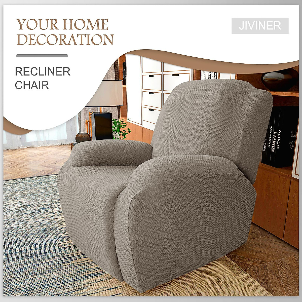 JIVINER 4-Piece Recliner Chair Covers Stretch Jacquard Covers for Recliner Chair Recliner Slipcovers for Living Room Soft Recliner Protector with Pocket (Recliner, Khaki)