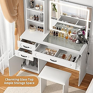 VOWNER Vanity with Lighted Mirror - Makeup Vanity Desk with Glass Top, Power Strip, Drawers and Shelves, 3 Color Lighting Modes Adjustable Brightness, Vanity Table with Cushioned Stool, 45'' L