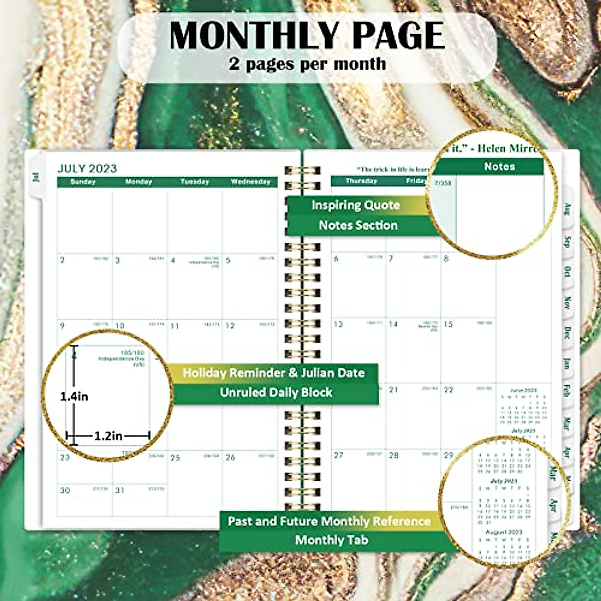 Planner 2023-2024 - 2023-2024 Academic Planner with Tabs, July 2023 - June 2024, 6.3" x 8.4", Academic Weekly and Monthly Planner 2023-2024 with Back Pocket + Thick Paper + Twin-Wire Binding - Green Gliding