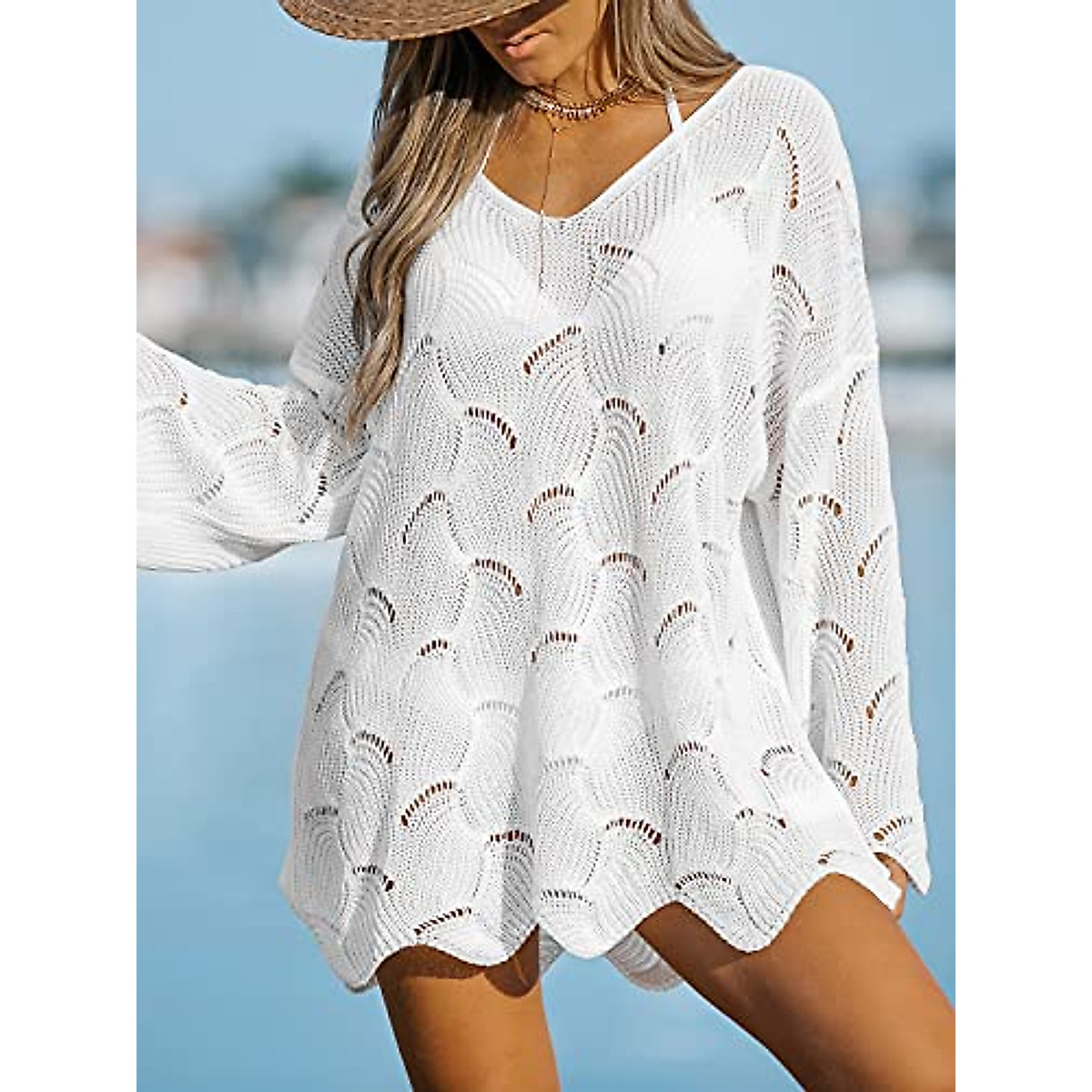 CUPSHE Women Casual Cut Out Swim Cover Up Drop Shoulder Long Sleeve V-Neck Cover-Ups,S White