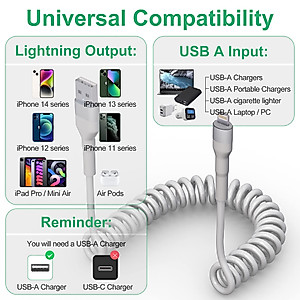 Coiled iPhone Lightning Cable Apple Carplay Cable MFi Certified, Retractable Apple Car Play Cord with Data Sync and LED, Short Coiled iPhone Charger Cable for iPhone/Pad/Pod, White