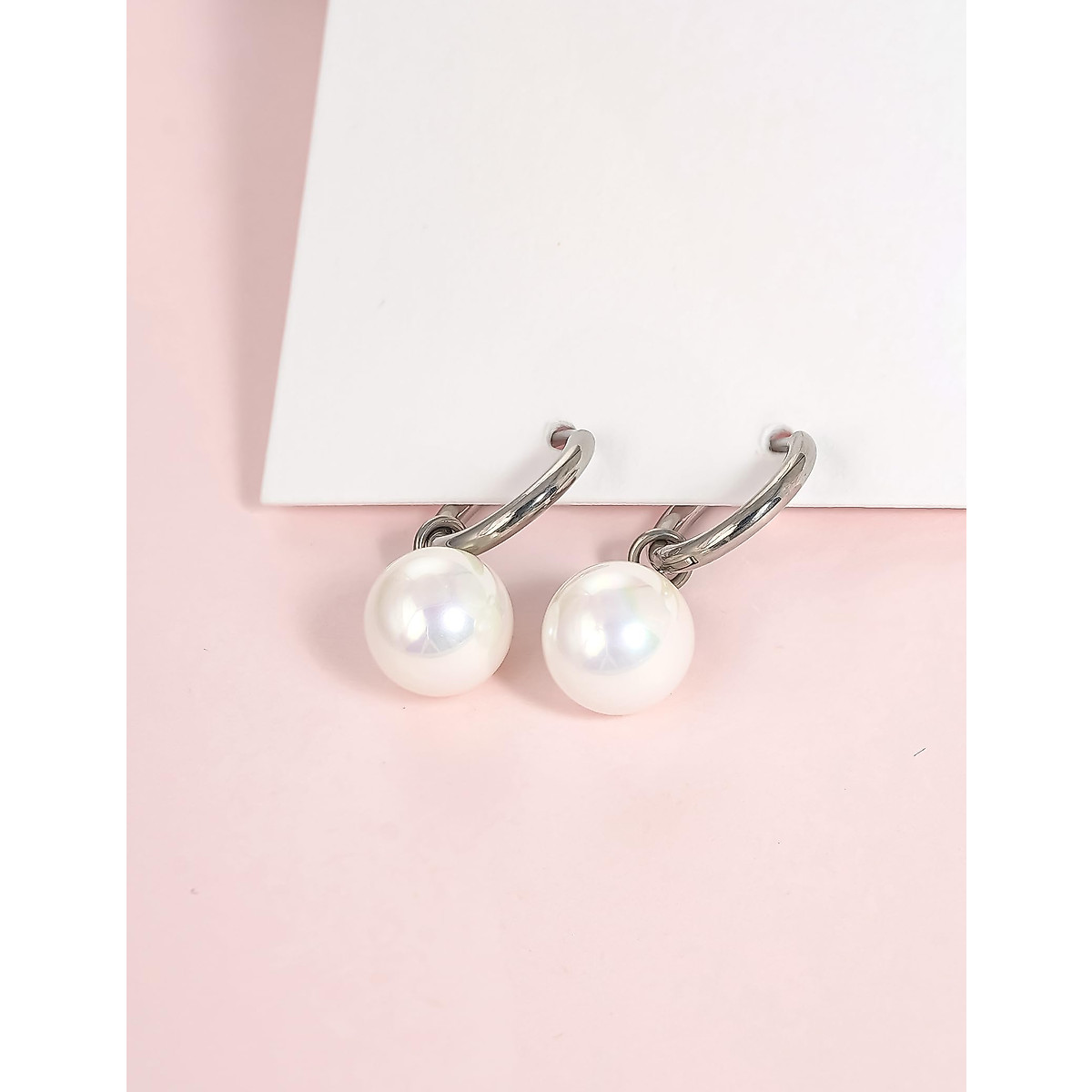 Limerencia Hypoallergenic Pure Titanium Post Lightweight Dangle Huggie Earrings for Women | Vertical Bar, Cross, Moon, Lightning | Dainty Earrings (10mm Pearl)