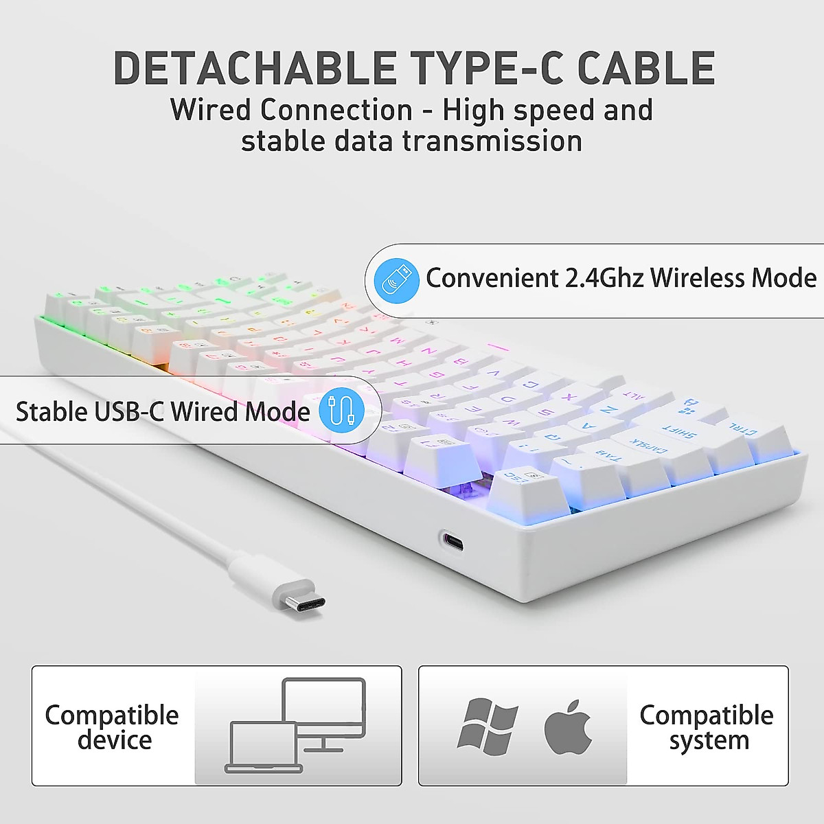 chuangquan Wireless Mechanical Gaming Keyboard, 2.4G/Wired 81 Keys Keyboard, Blue Switches Hotswap, RGB Backlit, High Battery Lasting, for PC Mac