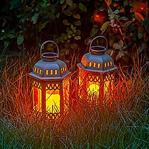SteadyDoggie Solar Lanterns 2 Pack Green - Hanging Solar Lights with Flickering Candle LED - Retro Ornate Hanging Solar Lantern with Handle