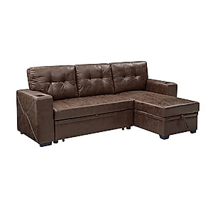 Pemberly Row 85" Wide Easy Pull Out Faux Leather Convertible Sectional Sofa with Cup Holders in Dark Brown