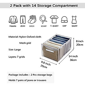 LANJINDENG 2PCS Wardrobe Clothes Organizer, 7 Grids Jeans Organizers with Pull Handle Drawer Closet Mesh Foldable Clothes Storage Box for Jeans Legging Pant T-Shirt