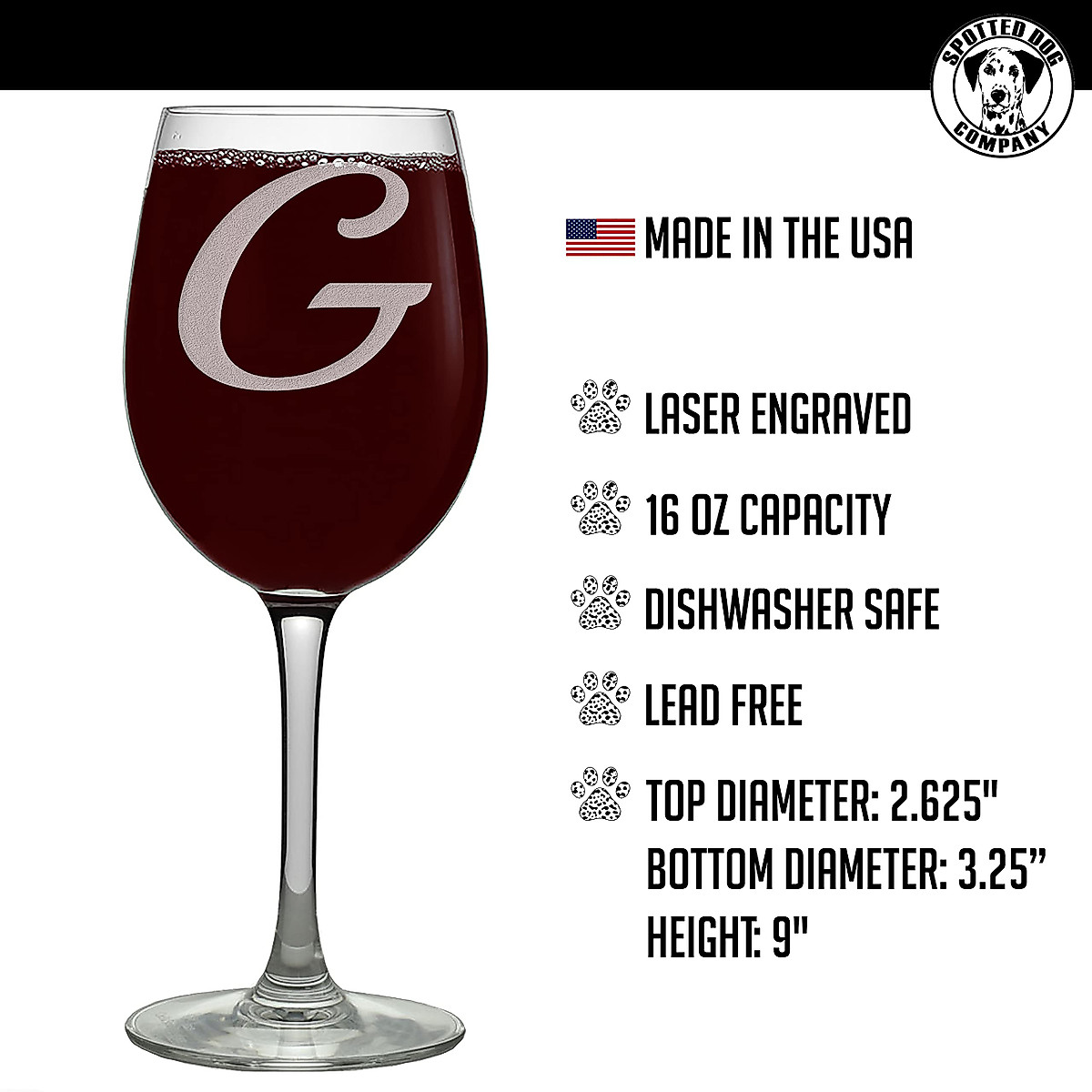 Spotted Dog Company Personalized Etched 16oz Stemmed Wine Glass Cup, Red Wine Gifts for Women Her Mom, Drinking Glasses, Birthday Decorations Decor - Pick Your Letter