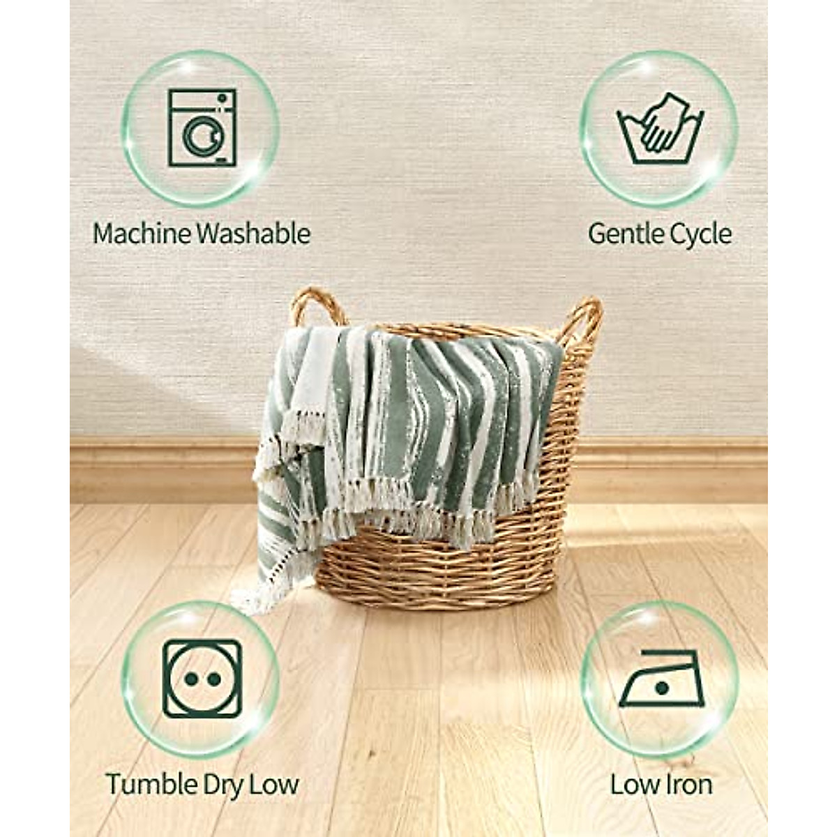 Godimerhea Green Throw Blanket Cotton White Boho Striped Decorative Blankets for Couch Sofa Bed, Soft Cozy Knit with Tassel, Rustic Shabby Chic, 50" x 60"