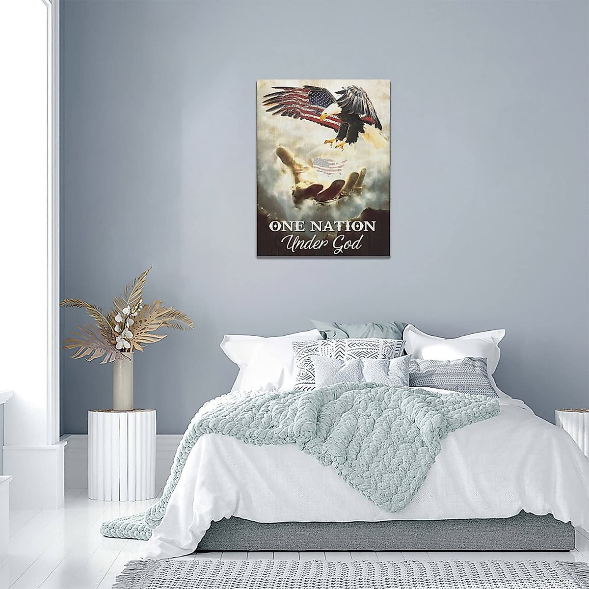 Yudchen Bald Eagle Wall Art American Flag Pictures Wall Decor Rustic Christian Eagle Canvas Prints Painting Home Decor Patriotic Framed Artwork for Living Room Bedroom Office Ready to Hang 12''x16''