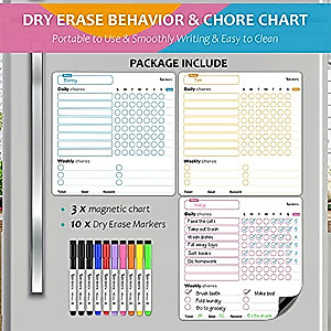 Magnetic Chore Chart, 3 Pcs Dry Erase Behavior Charts & 10 Markers, Reward Chart for Multiple Kids Teens Adults Family, Daily Responsibility Rewards Whiteboard for Fridge School Home Supplies