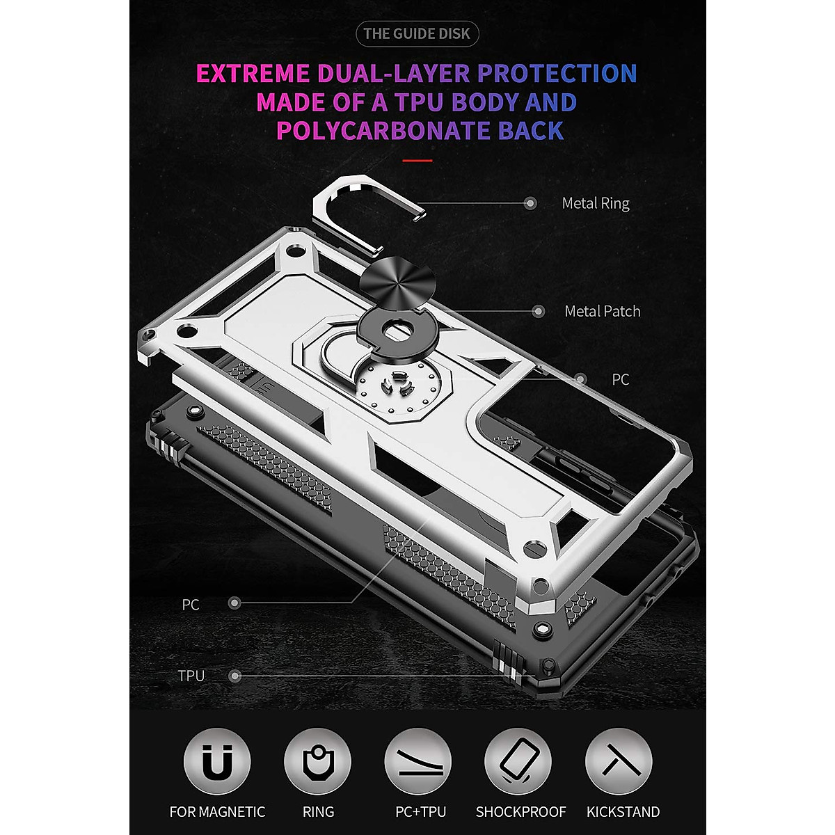 Military Grade Drop Impact for Samsung Galaxy S21 Ultra Case Galaxy S21 Ultra 5G Case Metal Rotating Ring Kickstand Holder Armor Heavy Duty Shockproof Case Galaxy S21 Ultra Phone Case (Silver)