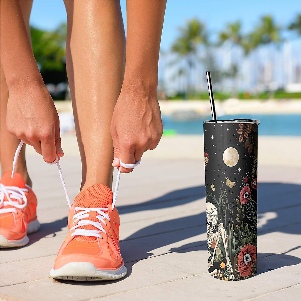 thmasamwr Mushroom Skinny Tumbler With Straw and Lid, Stainless Steel 20oz Insulated Coffee Travel Mug, Skeleton Mushroom Cups for Goth Mushroom Lovers Gifts for Women and Girls