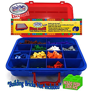 Matty's Toy Stop Brik-Kase 2-GO 13" Travel, Building, Storage & Organizer Container Case with Building Plate Lid (Holds Approx 1,500pcs) - Compatible With All Major Brands (Blue, Red & Gray)