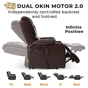 Irene House Large Recliner Lay Flat Chair Dual OKIN Motor Lift Chair Recliners for Elderly Infinite Position with Heat Massage Electric Power Lift Recliner Chair, Model Ollie(Brown, Faux Leather)