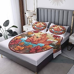 Full Size Sheet Sets - Fall Leaves Bed Sheets, Maple Leaf Bedding Sheets & Pillowcases, Soft Microfiber & Deep Pocket & Wrinkle Free Patterned Sheet Set, 1 Fitted Sheet, 1 Flat Sheet, 2 Pillow Cases