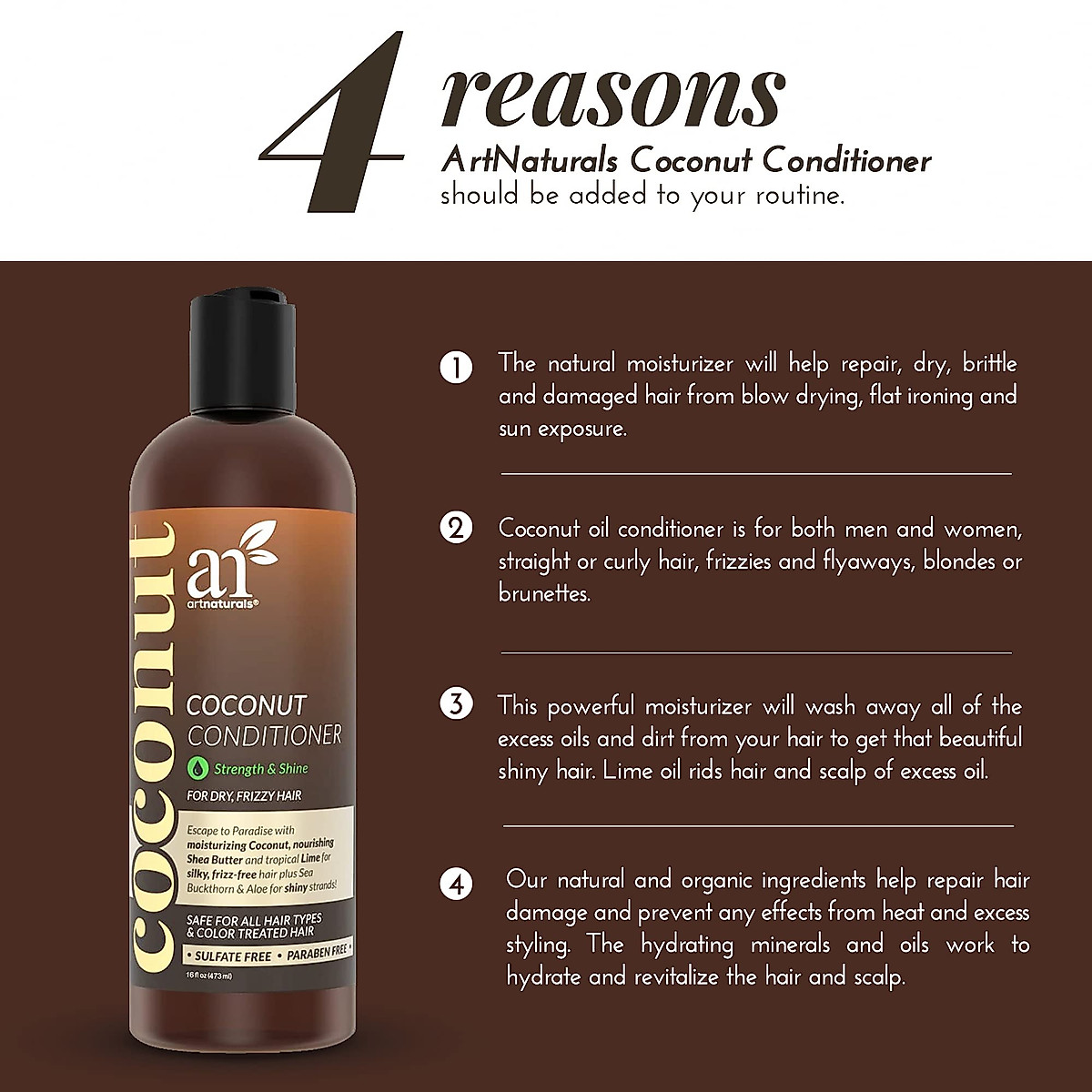 Artnaturals Coconut-Lime Daily Conditioner– 16 Fl Oz - Professional Deep Hydrating Moisturizing For Curly Fine Oily Dry Damaged and Color Treated Hair – Natural, Sulfate Free and Vegan