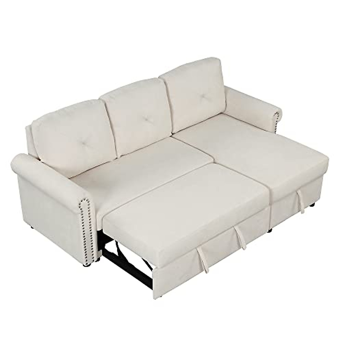 L-Shape Convertible Sectional Sofa with Pull Out Bed,Velvet Upholstery Corner Couch with Storage Chaise Lounge,3 Seater Comfy Small Sofabed with Rivets Dec for Living Room, Home, Apartment
