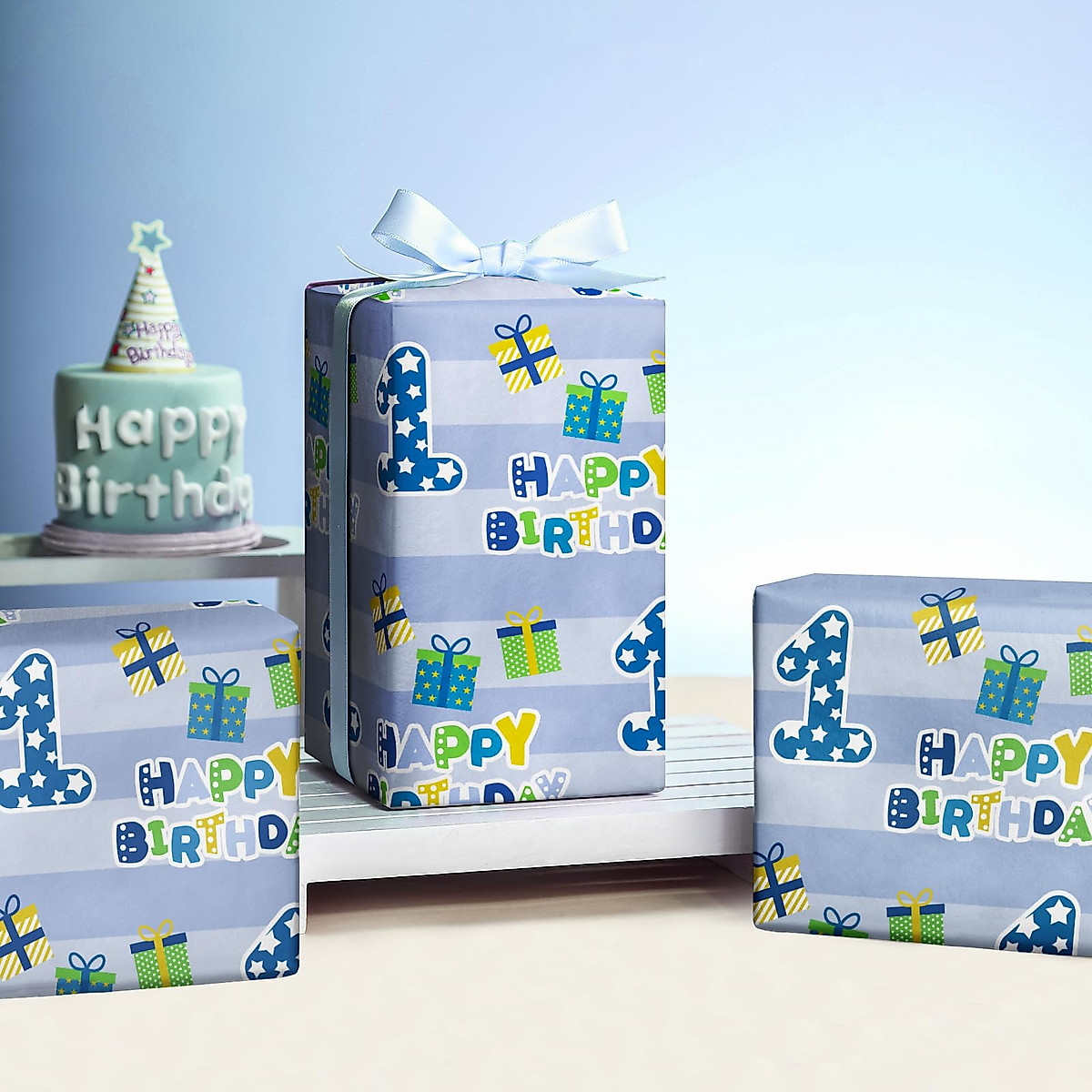 WRAPAHOLIC 1st Birthday Wrapping Paper Sheet - 6 Sheets Blue Happy Birthday with Gift Box Design Folded Flat for Birthday, Party, Baby Showers - 19.7 Inch X 27.5 Inch Per Sheet