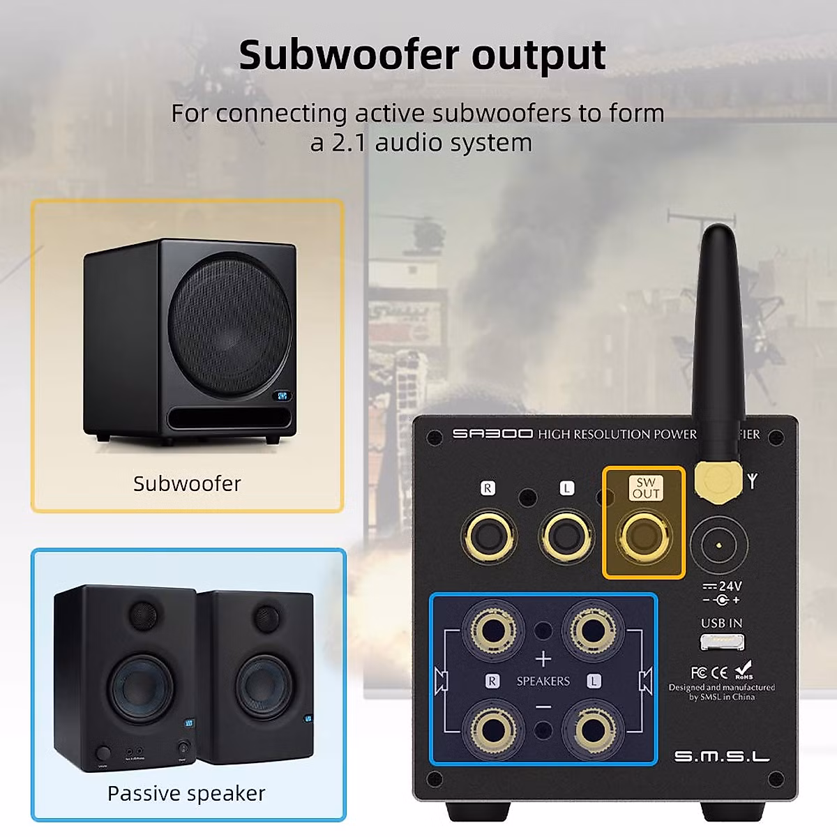 S.M.S.L SA300 HiFi Digital Amplifier, Infineon's MA12070 Chip Class D Power Amp, RCA USB Bluetooth 5.0 APTX Input, Multiple EQ Modes with Remote Control (Black)