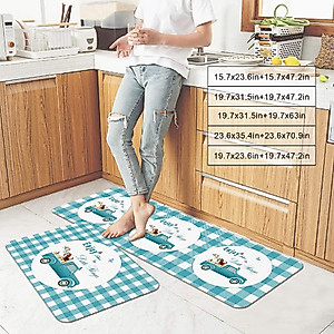 2 Pieces Kitchen Mats Floor Area Rug Set Farmhouse Teal Truck Cute Dog Non-Slip Doormat, Indoor Water Absorbent Standing Runner Rugs for Home Decor Spring Flower Butterfly Aqua Plaid