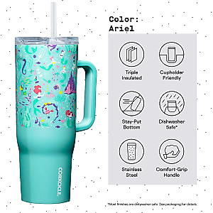 Corkcicle x Disney Princess Ariel Cruiser Insulated Tumbler with Handle & Straw - 40 oz Reusable Water Bottle Keeps Beverages Cold for 20 Hrs, Hot for 9 Hrs – Cupholder Friendly, Spill Proof Tumbler