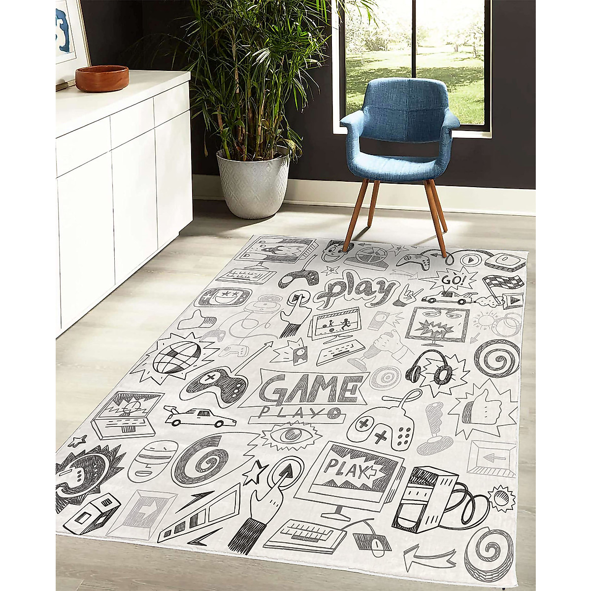 Ambesonne Video Games Decorative Rug, Monochrome Sketch Gaming Design Racing Monitor Device Gadget Teen 90's, Quality Carpet for Bedroom Dorm and Living Room, 4' X 5' 5", Pale Grey