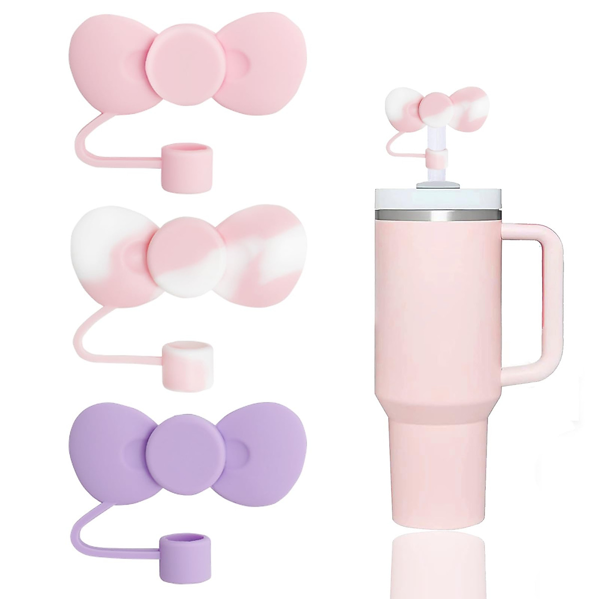 YAYAYOUNG 3 Pcs Lovely Bow Straw Covers Cap Toppers Compatible with Stanley 30&40 oz Tumbler Cups,Reusable Cute Silicone Straw Tips Lids Protectors for 0.4 in/10mm Stanley Cups Straws Accessories