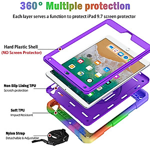 BMOUO Case for iPad 6th/5th Generation Case (9.7 inch, 2018/2017), 360°Rotating Stand, Hand/Shoulder Strap Shockproof iPad 9.7” Case for iPad Air 2, Purple