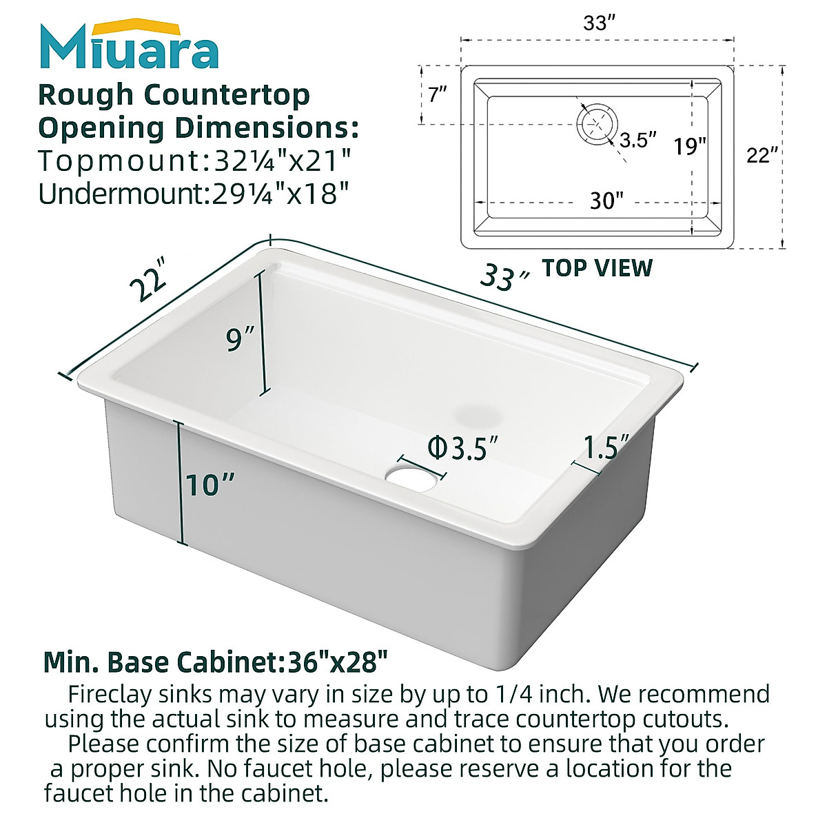 Miuara White Workstation Kitchen Sink 33 Inch - Large Undermount Kitchen Sink 33"x22", 9" Deep White Kitchen Sink Drop In, Single Bowl Topmount Fireclay Sink for Kitchen, with 4 Custom Accessories