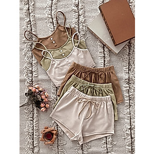 Verdusa Women's 6 Pieces Outfits Lounge Set Sleepwear Button Front Cami Top & Shorts Brown Green Apricot M