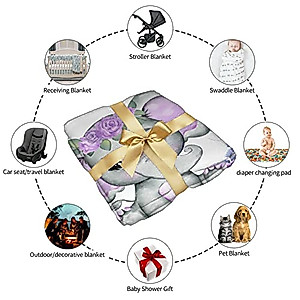 Abhibhu Elephant Purple Floral Custom Baby Blanket, Soft Cozy Fleece, XS for Babies, Personalized Name Blanket Gifts for Newborn Baby Shower